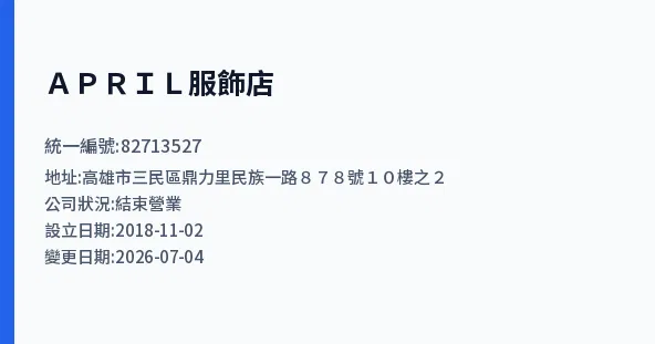 APRIL服飾店的照片-統編 82713527(高雄市) 公司登記資料與營業項目詳細圖表