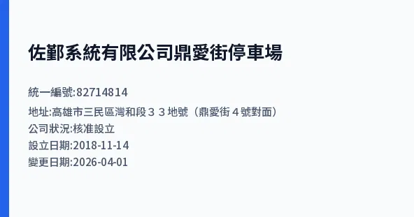 佐鄞系統有限公司鼎愛街停車場的照片-統編 82714814(高雄市) 公司登記資料與營業項目詳細圖表