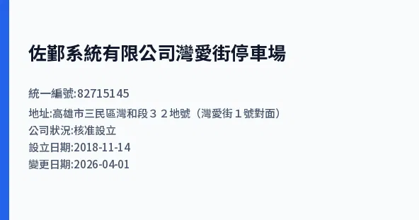 佐鄞系統有限公司灣愛街停車場的照片-統編 82715145(高雄市) 公司登記資料與營業項目詳細圖表