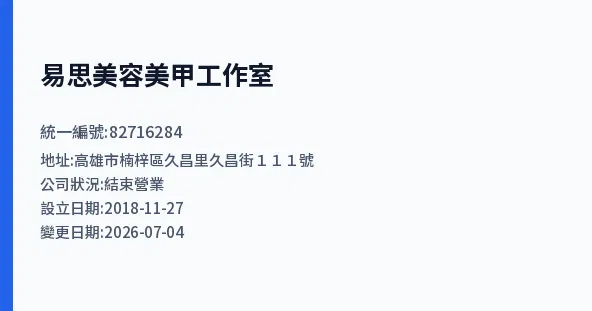 易思美容美甲工作室的照片-統編 82716284(高雄市) 公司登記資料與營業項目詳細圖表