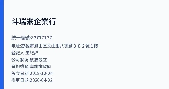 斗瑞米企業行的照片-統編 82717137(高雄市) 公司登記資料與營業項目詳細圖表