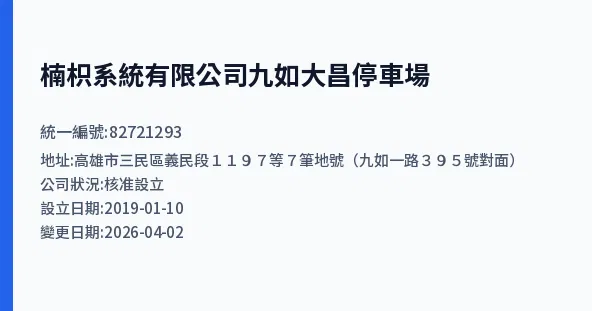 楠枳系統有限公司九如大昌停車場的照片-統編 82721293(高雄市) 公司登記資料與營業項目詳細圖表