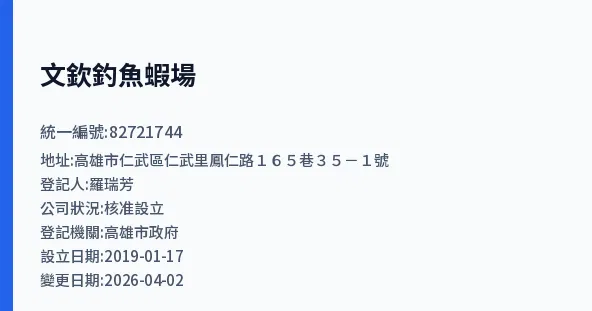 文欽釣魚蝦場的照片-統編 82721744(高雄市) 公司登記資料與營業項目詳細圖表