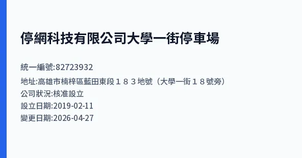 停網科技有限公司大學一街停車場的照片-統編 82723932(高雄市) 公司登記資料與營業項目詳細圖表