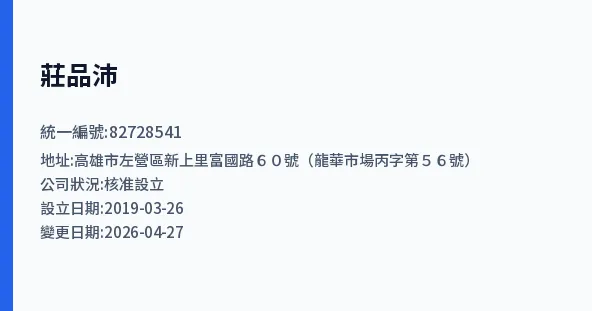 莊品沛的照片-統編 82728541(高雄市) 公司登記資料與營業項目詳細圖表
