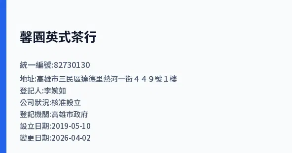 馨園英式茶行的照片-統編 82730130(高雄市) 公司登記資料與營業項目詳細圖表