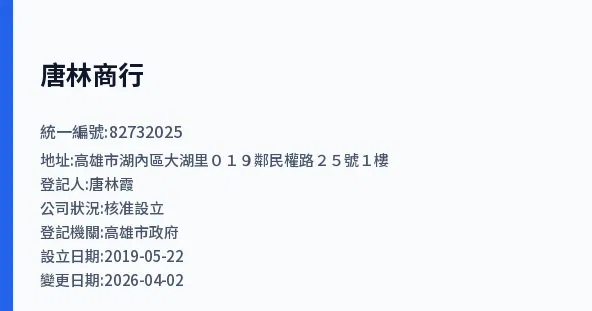唐林商行的照片-統編 82732025(高雄市) 公司登記資料與營業項目詳細圖表