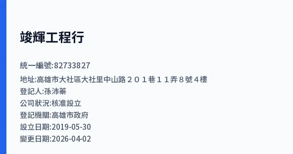 竣輝工程行的照片-統編 82733827(高雄市) 公司登記資料與營業項目詳細圖表