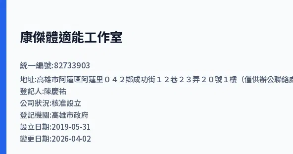 康傑體適能工作室的照片-統編 82733903(高雄市) 公司登記資料與營業項目詳細圖表