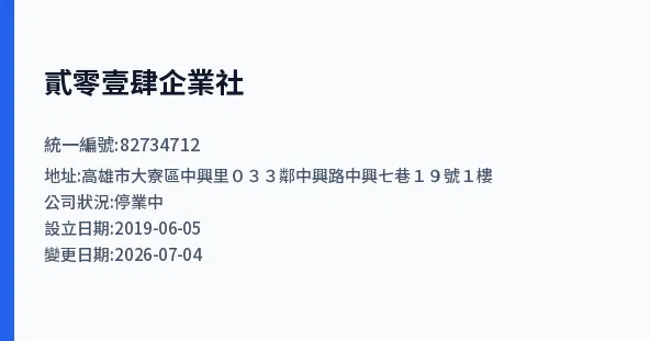 貳零壹肆企業社的照片-統編 82734712(高雄市) 公司登記資料與營業項目詳細圖表