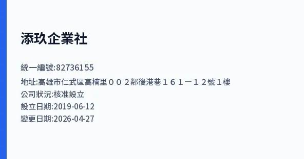 添玖企業社的照片-統編 82736155(高雄市) 公司登記資料與營業項目詳細圖表