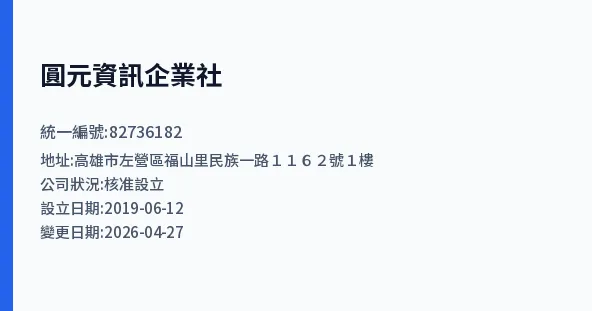 圓元資訊企業社的照片-統編 82736182(高雄市) 公司登記資料與營業項目詳細圖表