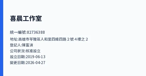 喜晨工作室的照片-統編 82736388(高雄市) 公司登記資料與營業項目詳細圖表
