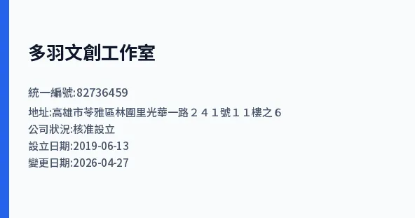 多羽文創工作室的照片-統編 82736459(高雄市) 公司登記資料與營業項目詳細圖表