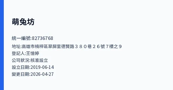 萌兔坊的照片-統編 82736768(高雄市) 公司登記資料與營業項目詳細圖表