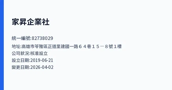 家昇企業社的照片-統編 82738029(高雄市) 公司登記資料與營業項目詳細圖表