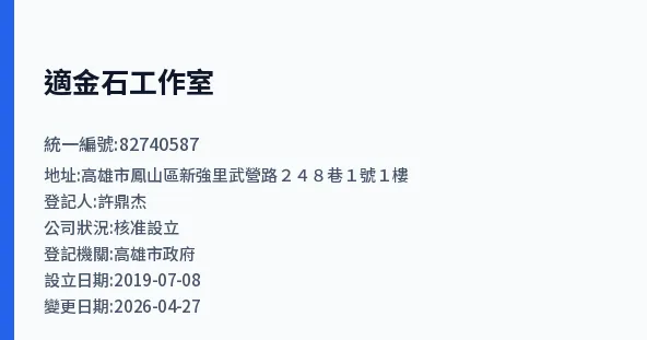 適金石工作室的照片-統編 82740587(高雄市) 公司登記資料與營業項目詳細圖表