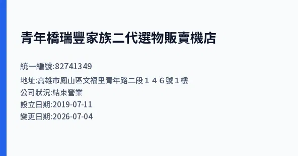 青年橋瑞豐家族二代選物販賣機店的照片-統編 82741349(高雄市) 公司登記資料與營業項目詳細圖表