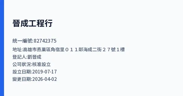 晉成工程行的照片-統編 82742375(高雄市) 公司登記資料與營業項目詳細圖表