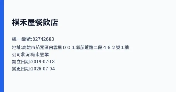棋禾屋餐飲店的照片-統編 82742683(高雄市) 公司登記資料與營業項目詳細圖表