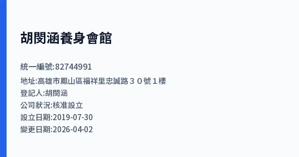 胡閔涵養身會館的照片-統編 82744991(高雄市) 公司登記資料與營業項目詳細圖表