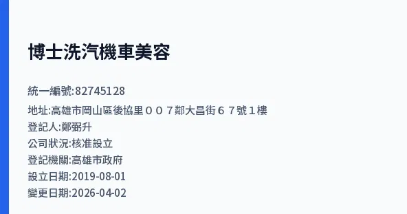 博士洗汽機車美容的照片-統編 82745128(高雄市) 公司登記資料與營業項目詳細圖表