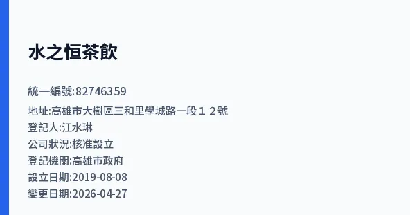 水之恒茶飲的照片-統編 82746359(高雄市) 公司登記資料與營業項目詳細圖表