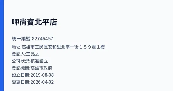 呷尚寶北平店的照片-統編 82746457(高雄市) 公司登記資料與營業項目詳細圖表