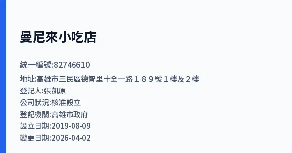 曼尼來小吃店的照片-統編 82746610(高雄市) 公司登記資料與營業項目詳細圖表