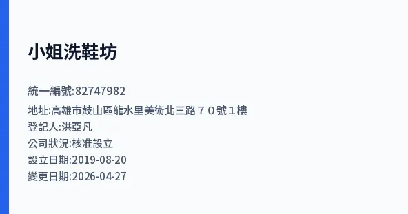 小姐洗鞋坊的照片-統編 82747982(高雄市) 公司登記資料與營業項目詳細圖表