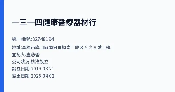 一三一四健康醫療器材行的照片-統編 82748194(高雄市) 公司登記資料與營業項目詳細圖表