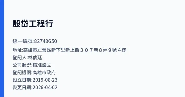 殷岱工程行的照片-統編 82748650(高雄市) 公司登記資料與營業項目詳細圖表