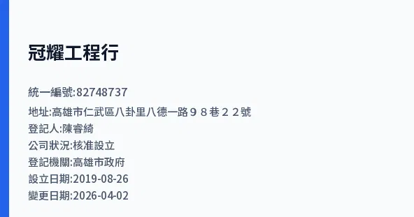 冠耀工程行的照片-統編 82748737(高雄市) 公司登記資料與營業項目詳細圖表