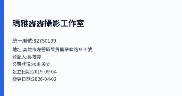 瑪雅露露攝影工作室的照片-統編 82750199(高雄市) 公司登記資料與營業項目詳細圖表