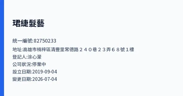 珺緁髮藝的照片-統編 82750233(高雄市) 公司登記資料與營業項目詳細圖表