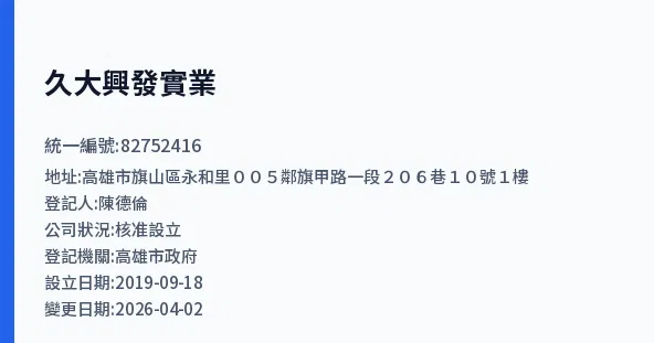 久大興發實業的照片-統編 82752416(高雄市) 公司登記資料與營業項目詳細圖表