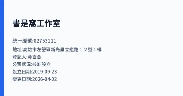 書是窩工作室的照片-統編 82753111(高雄市) 公司登記資料與營業項目詳細圖表