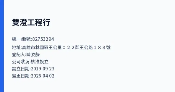雙澄工程行的照片-統編 82753294(高雄市) 公司登記資料與營業項目詳細圖表