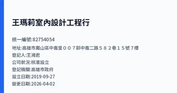 王瑪莉室內設計工程行的照片-統編 82754054(高雄市) 公司登記資料與營業項目詳細圖表