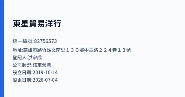 東星貿易洋行的照片-統編 82756573(高雄市) 公司登記資料與營業項目詳細圖表