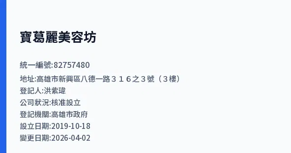 寶葛麗美容坊的照片-統編 82757480(高雄市) 公司登記資料與營業項目詳細圖表
