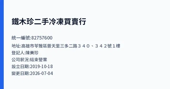 鐵木珍二手冷凍買賣行的照片-統編 82757600(高雄市) 公司登記資料與營業項目詳細圖表