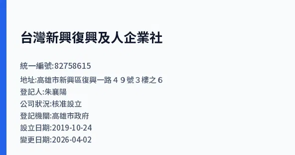 台灣新興復興及人企業社的照片-統編 82758615(高雄市) 公司登記資料與營業項目詳細圖表