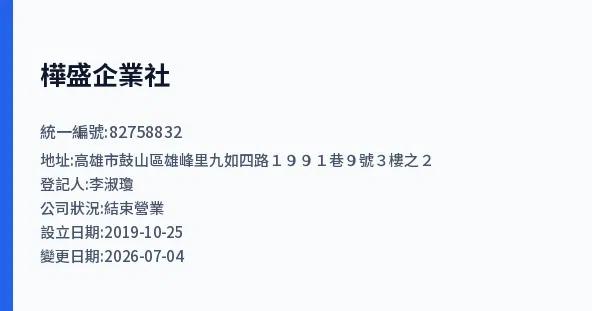 樺盛企業社的照片-統編 82758832(高雄市) 公司登記資料與營業項目詳細圖表
