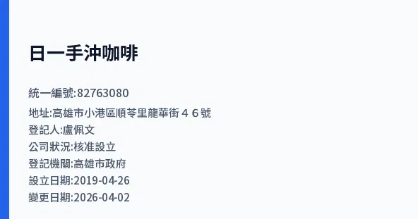 日一手沖咖啡的照片-統編 82763080(高雄市) 公司登記資料與營業項目詳細圖表