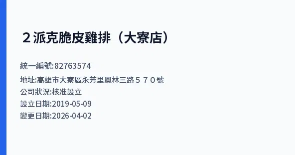 2派克脆皮雞排(大寮店)的照片-統編 82763574(高雄市) 公司登記資料與營業項目詳細圖表