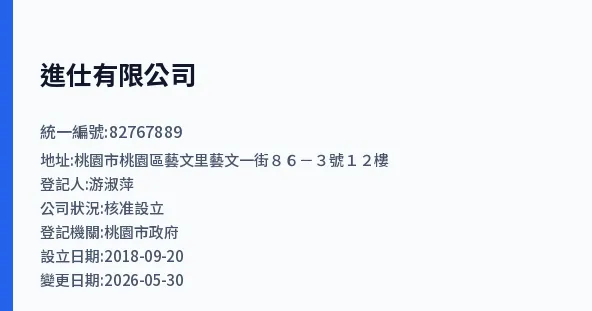 進仕有限公司的照片-統編 82767889(桃園市) 公司登記資料與營業項目詳細圖表