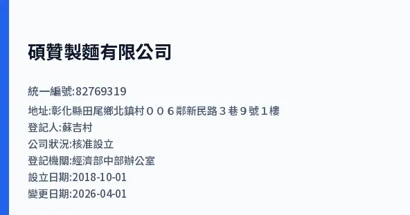 碩贊製麵有限公司的照片-統編 82769319(彰化縣) 公司登記資料與營業項目詳細圖表