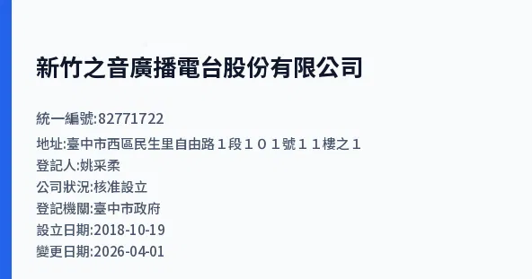 新竹之音廣播電台股份有限公司的照片-統編 82771722(臺中市) 公司登記資料與營業項目詳細圖表