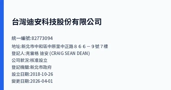 台灣迪安科技股份有限公司的照片-統編 82773094(新北市) 公司登記資料與營業項目詳細圖表